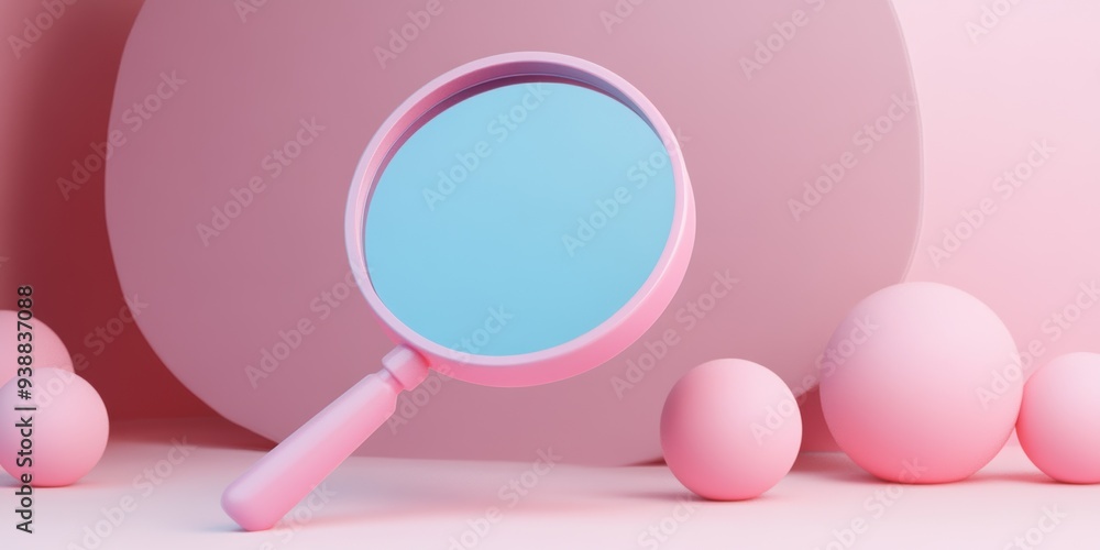 Pink magnifying glass with spheres on soft background A pink magnifying ...