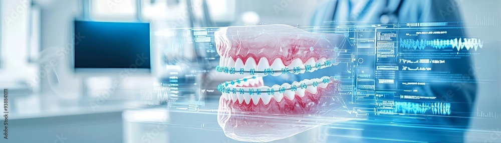 An orthodontist adjusting braces with the help of digital monitoring ...
