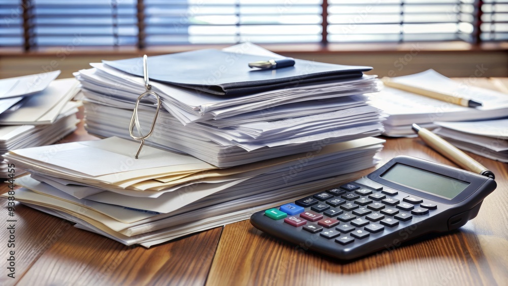 A calculator and paperwork lay on a cluttered desk, surrounded by ...