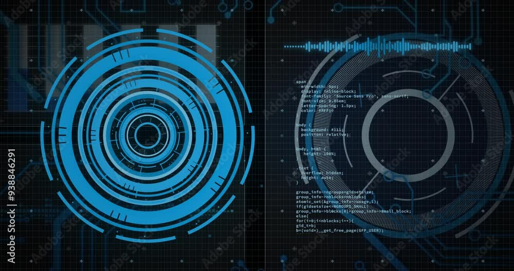 Processing data animation with futuristic circular interface over ...