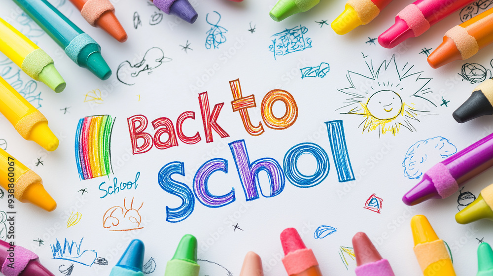 Colorful arrangement of crayons encircling the words "Back to School ...