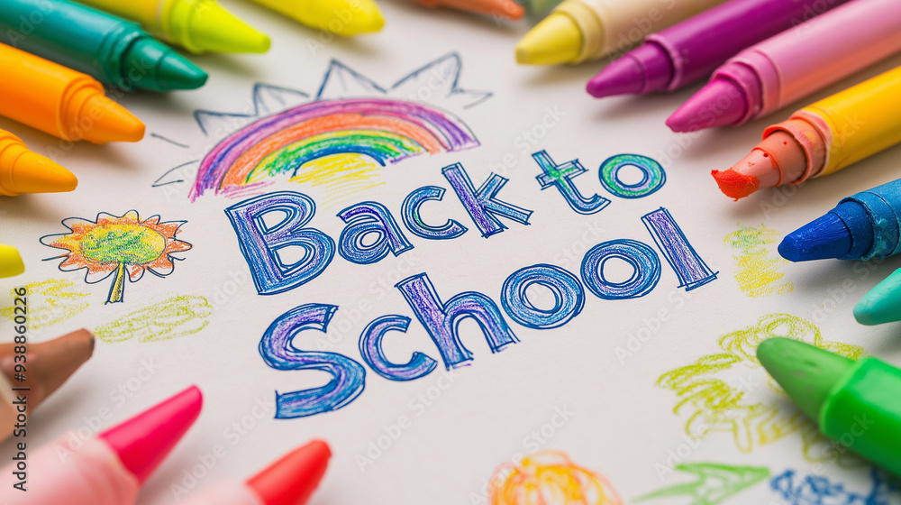 Colorful arrangement of crayons encircling the words "Back to School ...