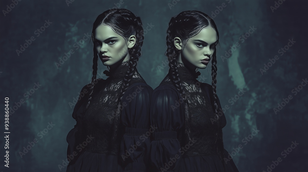 Mysterious portrait of two beautiful dark-haired twin girls in black Victorian dresses and lace ...