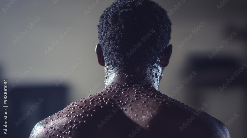 A close-up view of a person's back displaying a severe rash or lesions ...