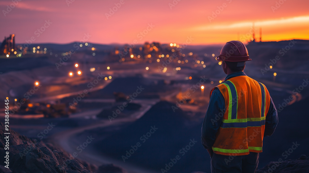 Mining engineer in an orange safety vest overlooks a vast mining ...