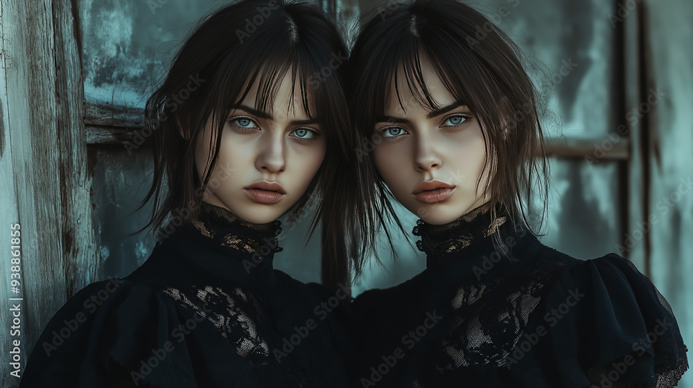 portrait of two identical twin women with enchanting blue eyes, dressed ...