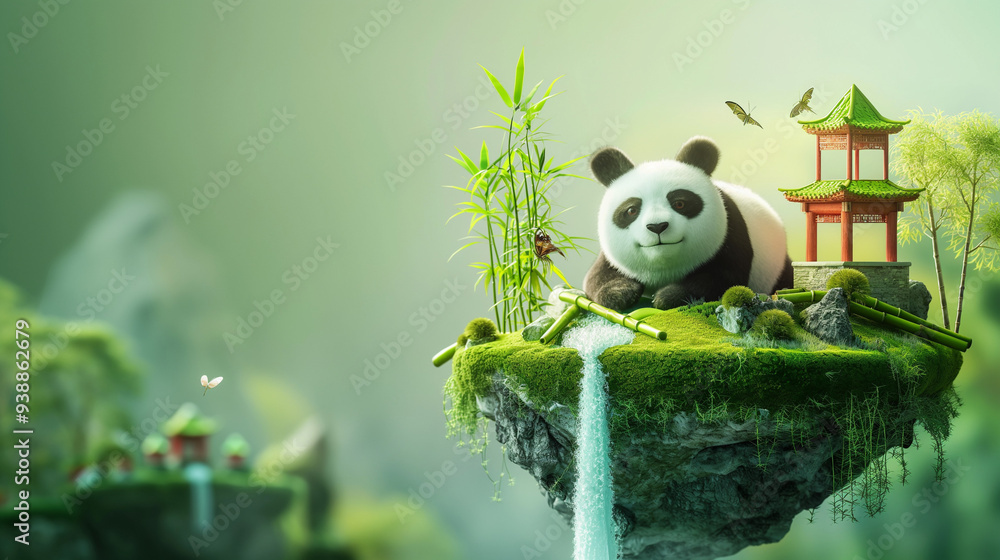 Chinese Giant Panda in Serene Green Setting, Bamboo Bonjing Suspended ...