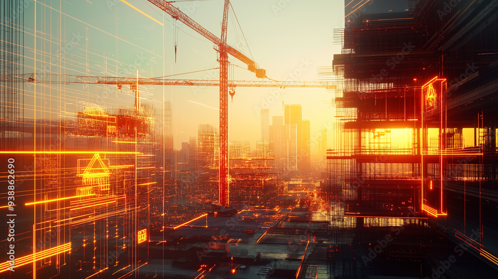 Futuristic construction site with digital overlays and cranes working ...