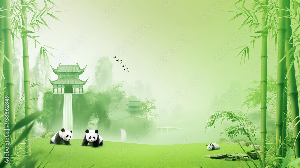 Chinese Giant Panda in Serene Green Setting, Bamboo Bonjing Suspended ...