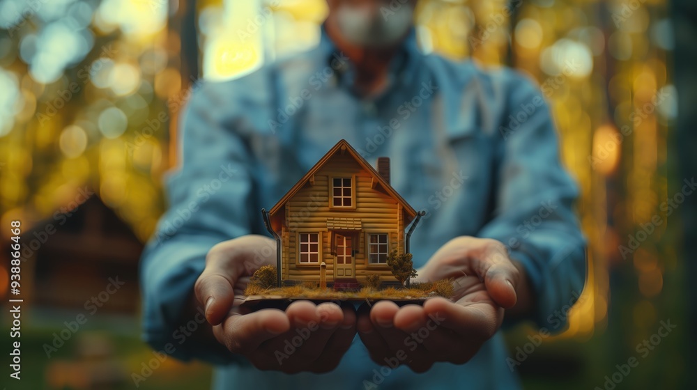 Man Holding Tiny Model House in Forest Setting with Dreamy Orton Effect ...