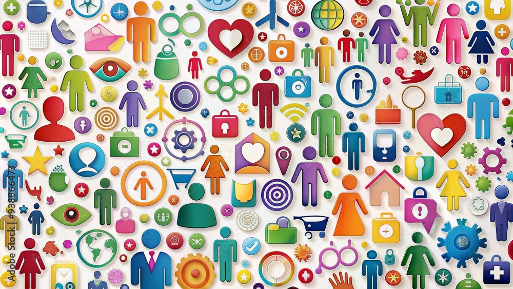 Assorted colorful gender-neutral icons, including figures, symbols, and ...