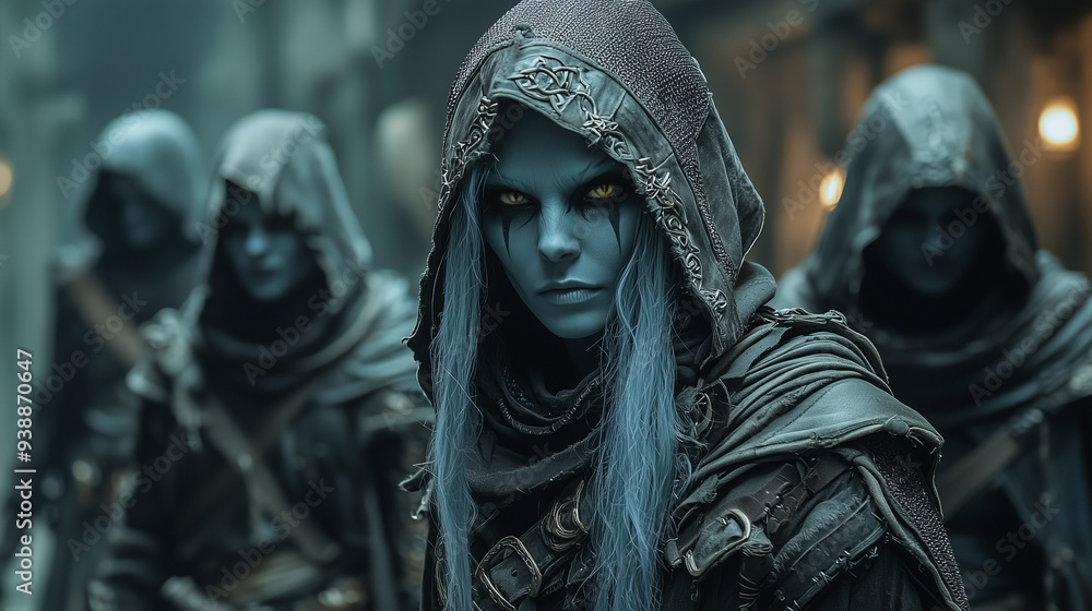 drow female warrior with glowing yellow eyes and long blue hair leading ...