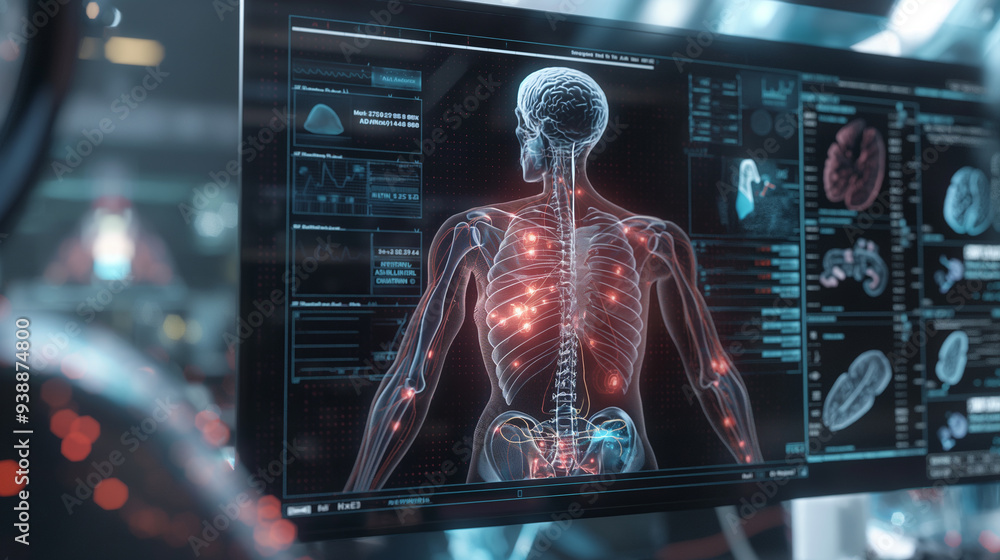 The computer screen shows the X-ray of the body, showing the points of ...
