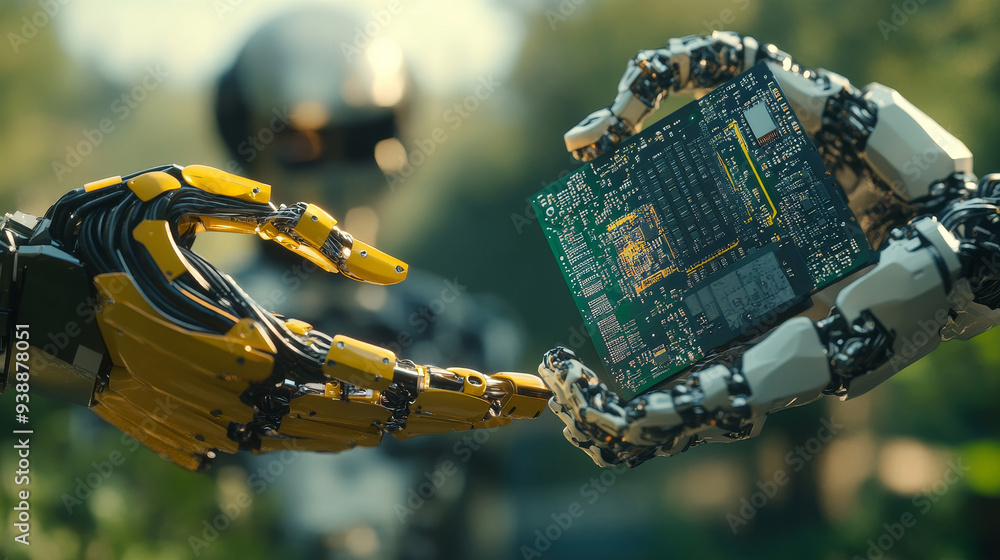 "A robotic arm handing a CPU to another robot, symbolizing the transfer ...