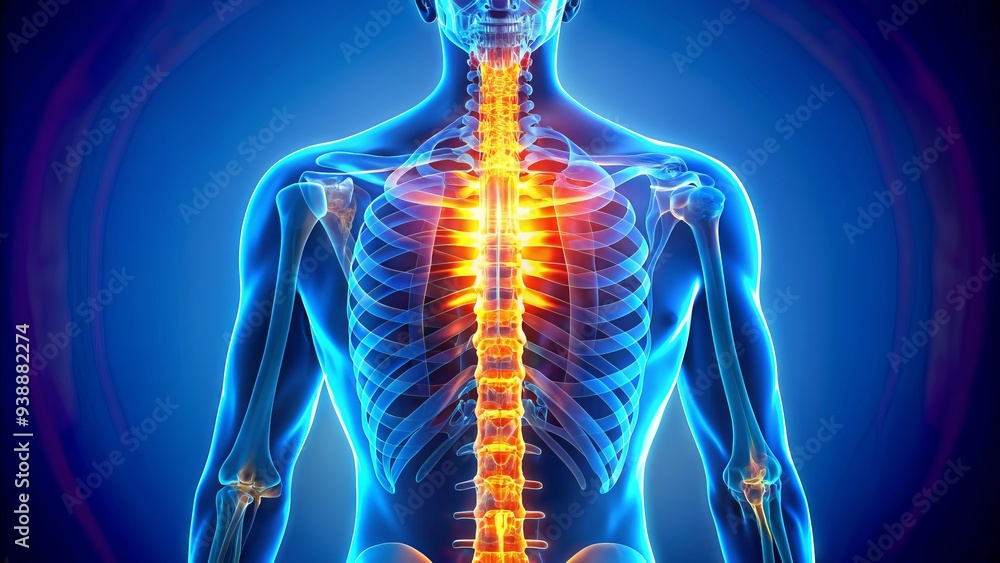 Colorful 3D illustration of the human spine with a diagnostic CT scan ...
