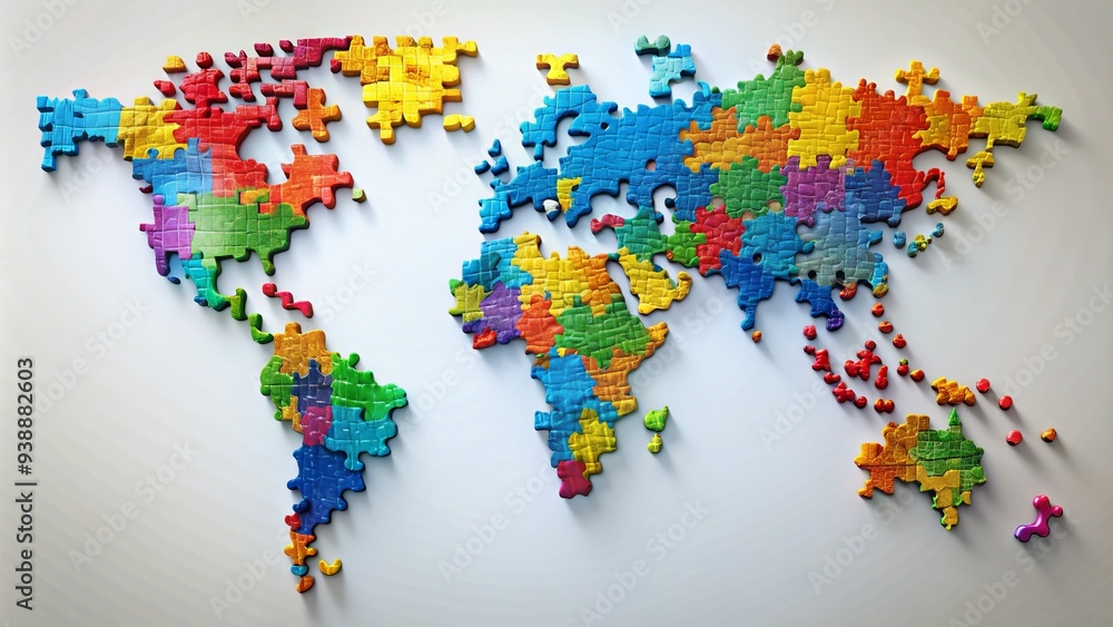 Colorful, abstract world map made of puzzle pieces, representing global ...