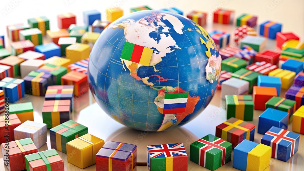 Colorful alphabet blocks and flags surround a globe, highlighting ...
