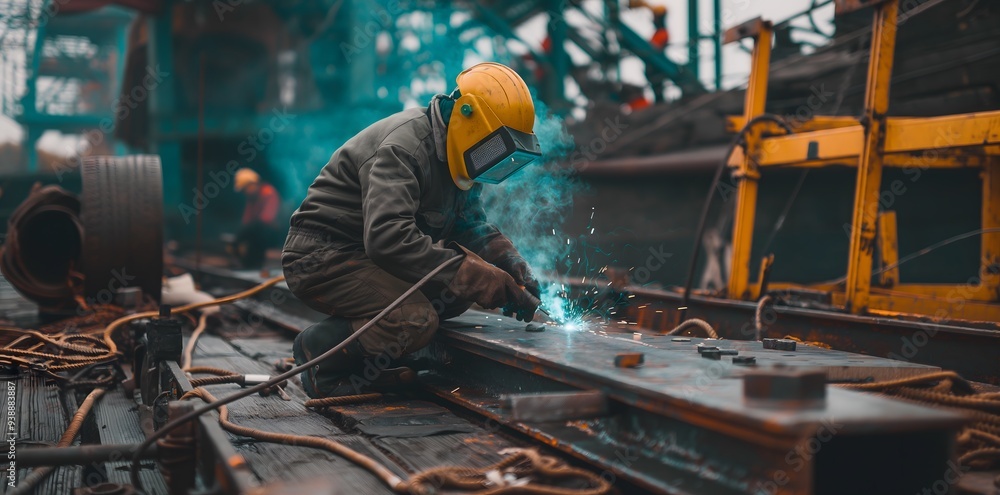 Chinese worker welding steel beams for ship construction, showcasing ...