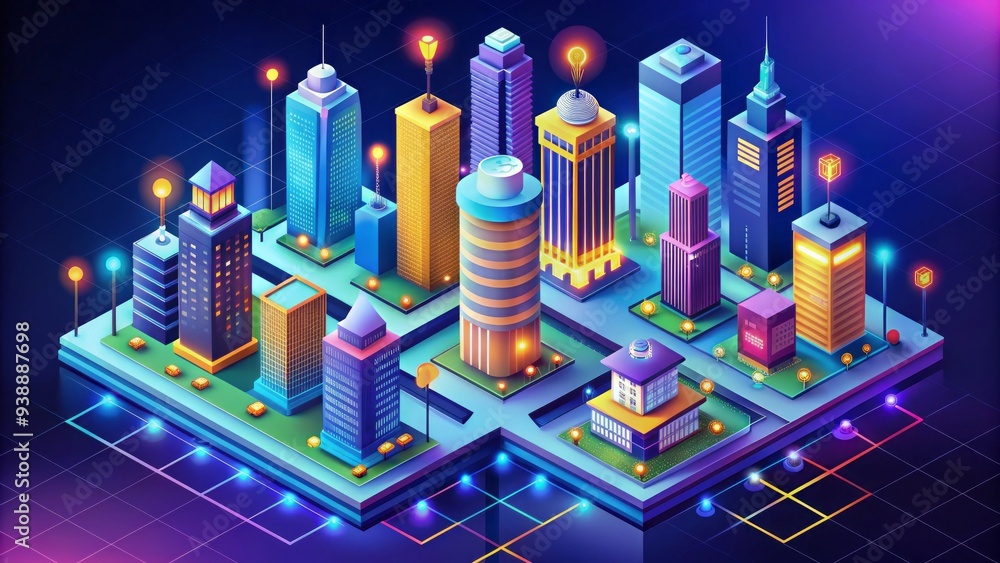 Colorful isometric infographic showing a futuristic cityscape with ...