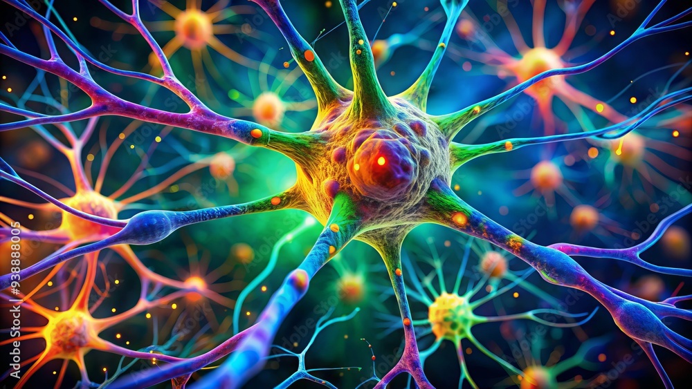 Colorful microscopic image of a motor neuron cell with visible ...