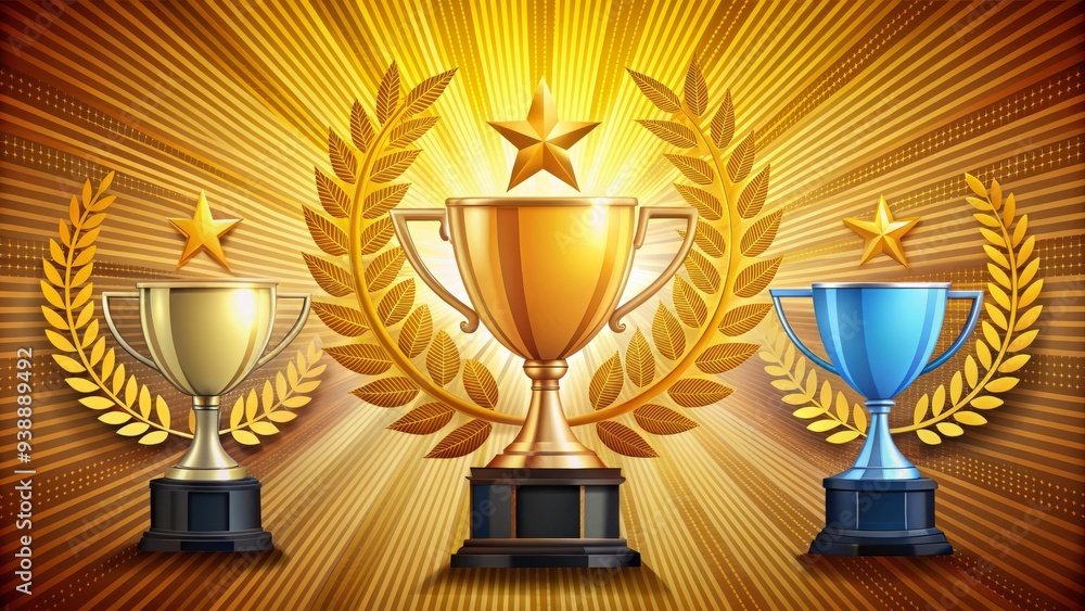 Colorful trophy and laurel wreath icons on a golden background ...