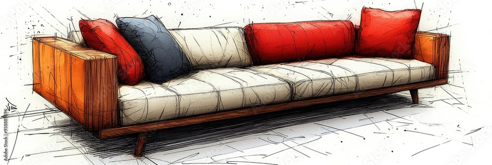 Hand-Drawn Sketch of a Modern Sofa with Wooden Frame and Cushions Stock ...