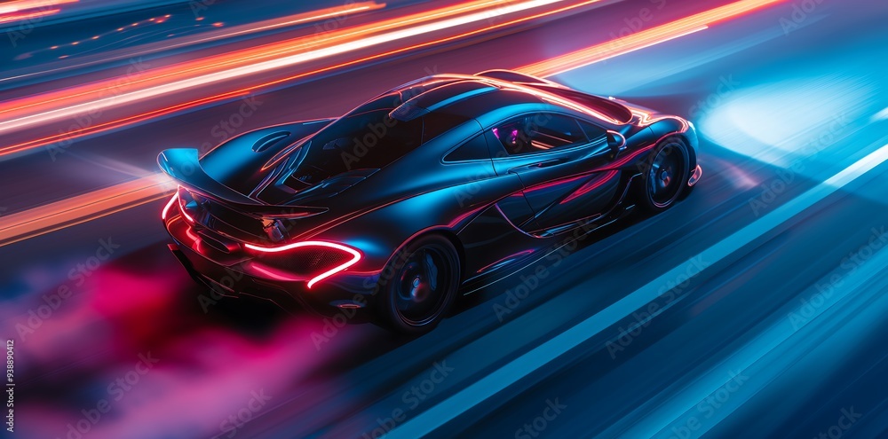 Year 2035, photo of an electric hypercar driving fast at night, motion ...