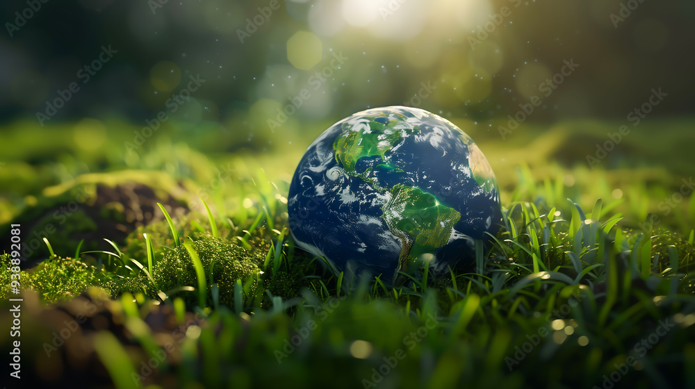 Mini green earth planet globe with world map with green grass. Earth ...