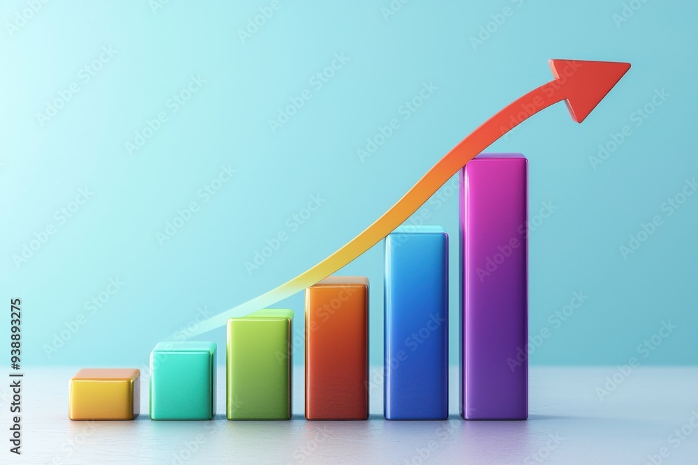 Colorful bar chart showing growth trend with upward arrow, representing ...
