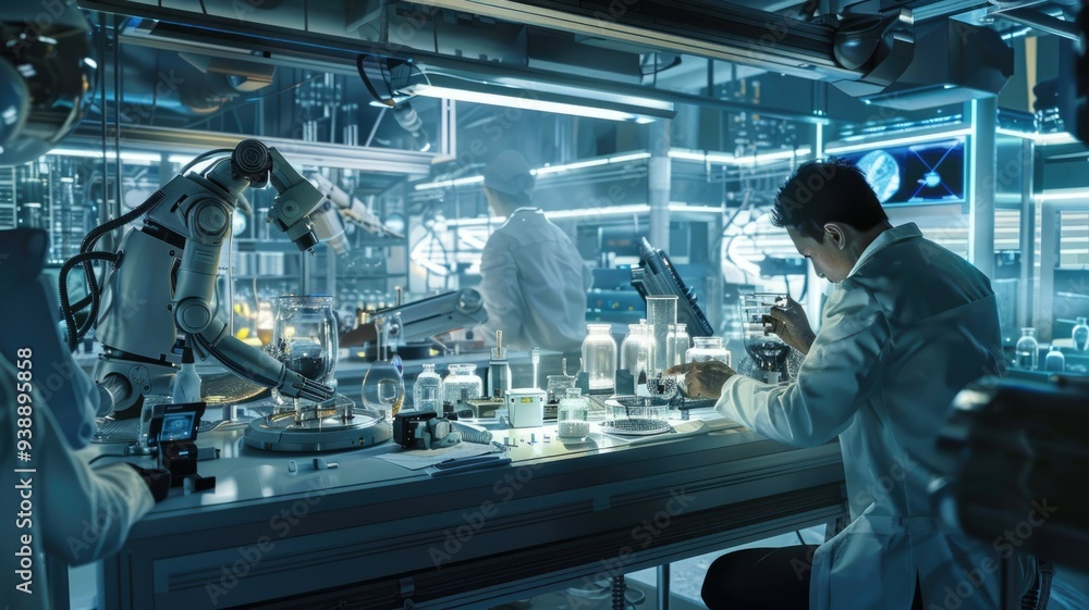 A futuristic research lab where scientists and AI collaborate on ...