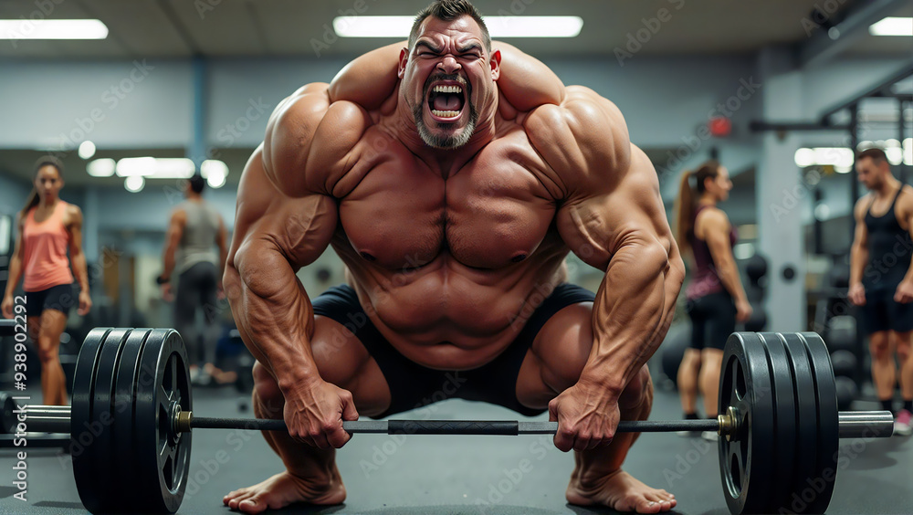 Exaggerated bodybuilder in a gym lifting heavy weights with a humorous ...