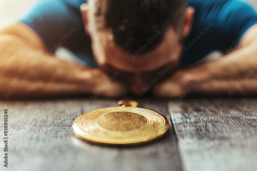 Marathon winner collapsing at the finish line, gold medal gleaming ...