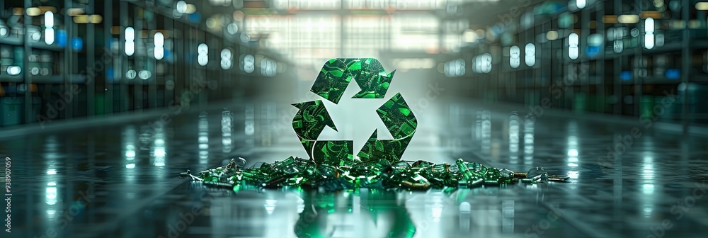 A green recycle symbol stands prominently in a factory setting with ...
