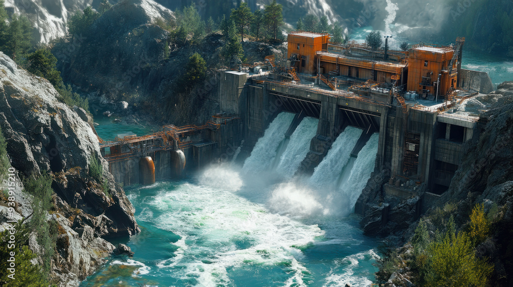 Hydropower Plant, A hydropower facility located in a rugged mountain ...