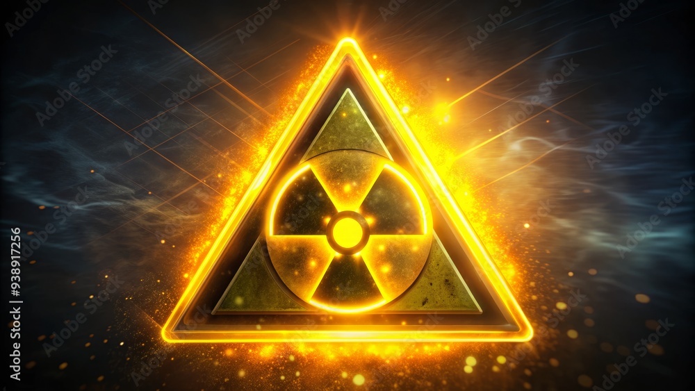 Glowing atomic symbol sign with radioactive warning triangles and ...