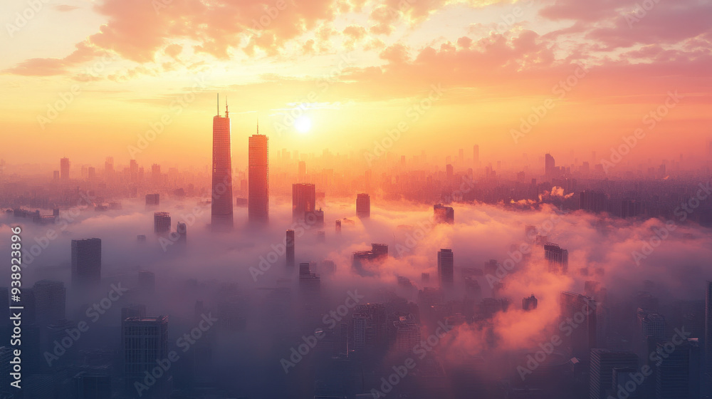 Urban Pollution, A city skyline covered in thick smog during sunset ...