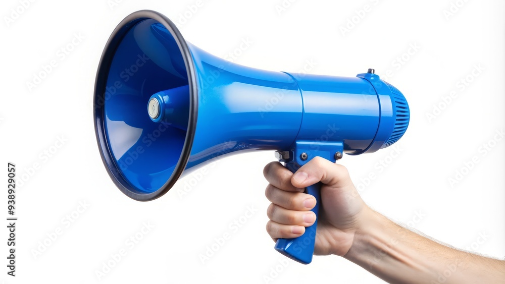 Isolated blue megaphone held by a hand against a white background ...