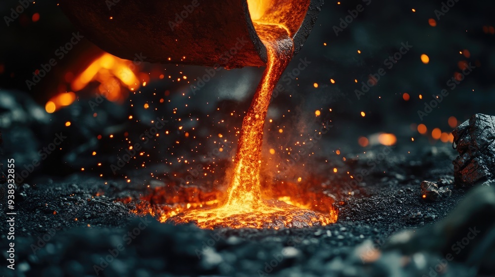 Steel Foundry Scene with Molten Metal Pouring from a Refractory Ladle ...