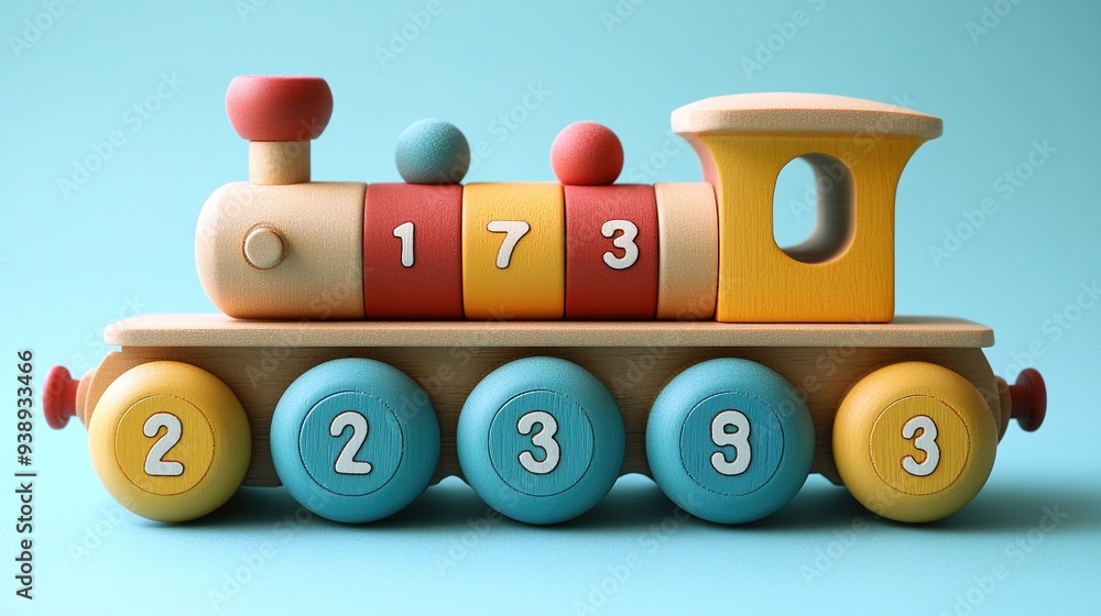 Pastel blue background wooden toy locomotive for early learning numbers ...