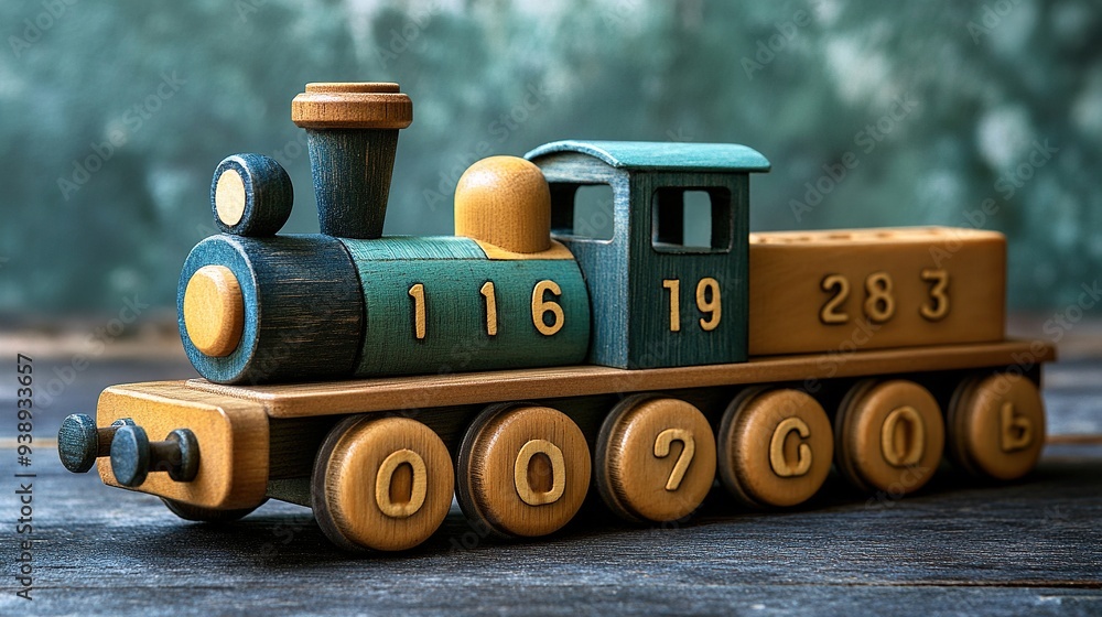 Wooden toy train locomotive with numbers on dark blue background for ...