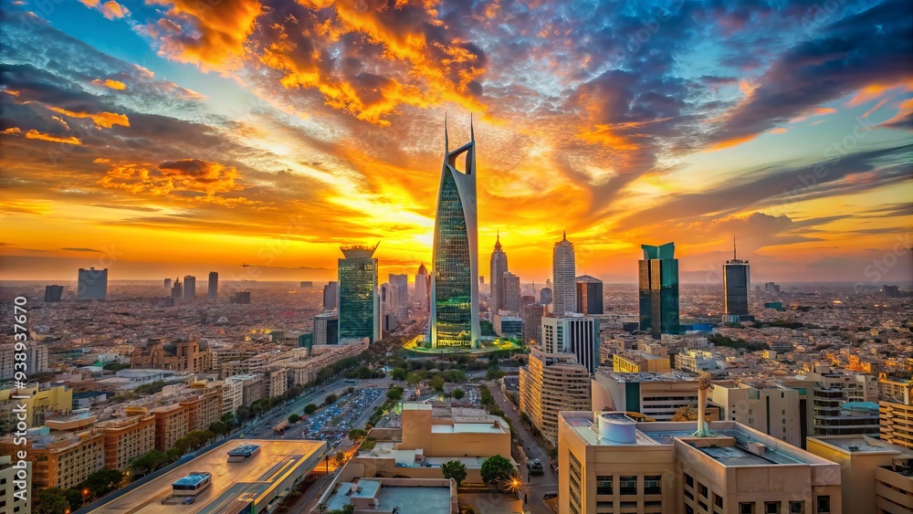 Majestic sunset over Riyadh's skyline, with modern skyscrapers and ...