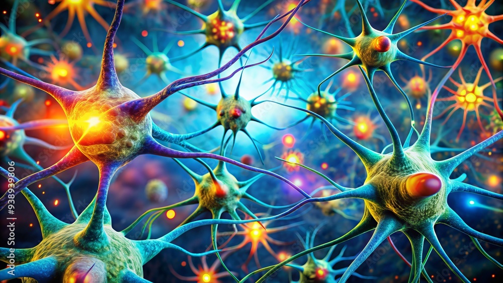 ภาพประกอบสต็อก Microscopic view of human brain cells producing ...