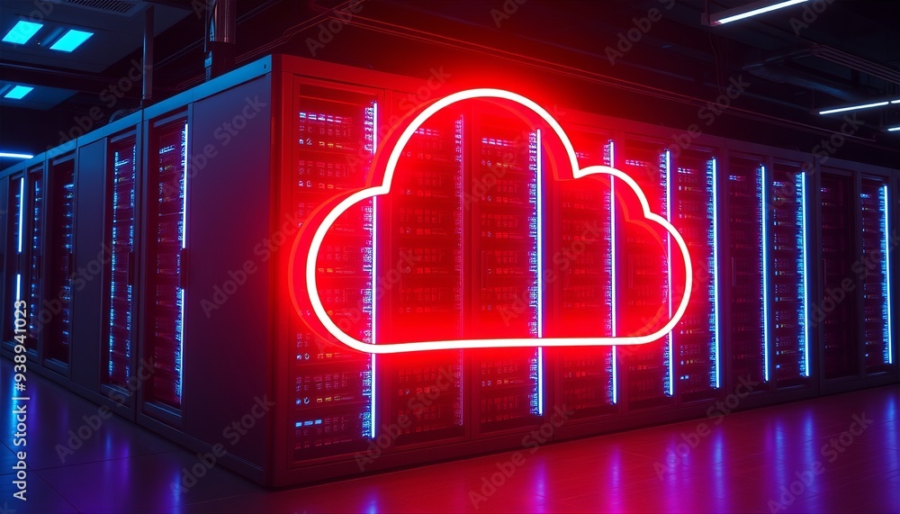 data center, neon lights, cloud computing, technology, server racks ...