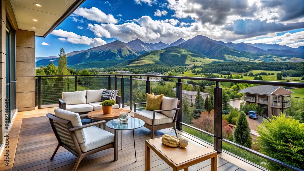 Modern apartment balcony overlooking the breathtaking Rocky Mountains ...