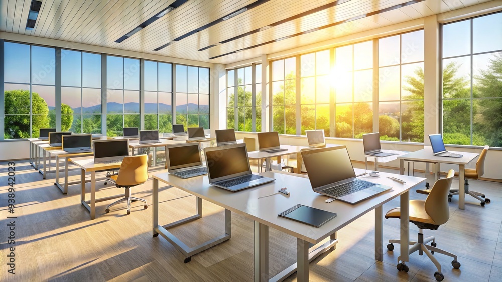 Modern classroom with rows of laptops and desks, natural light pours in ...
