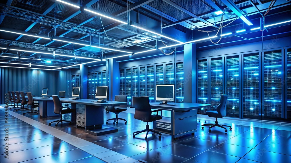 Modern office interior with futuristic computer screens, servers and ...