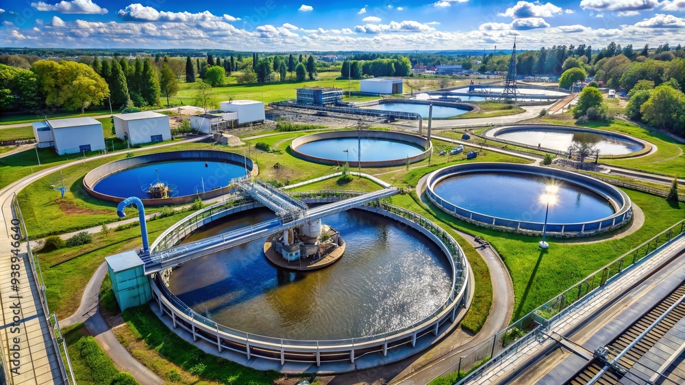 Modern sewage treatment plant with large clarifiers, pipes, and ...