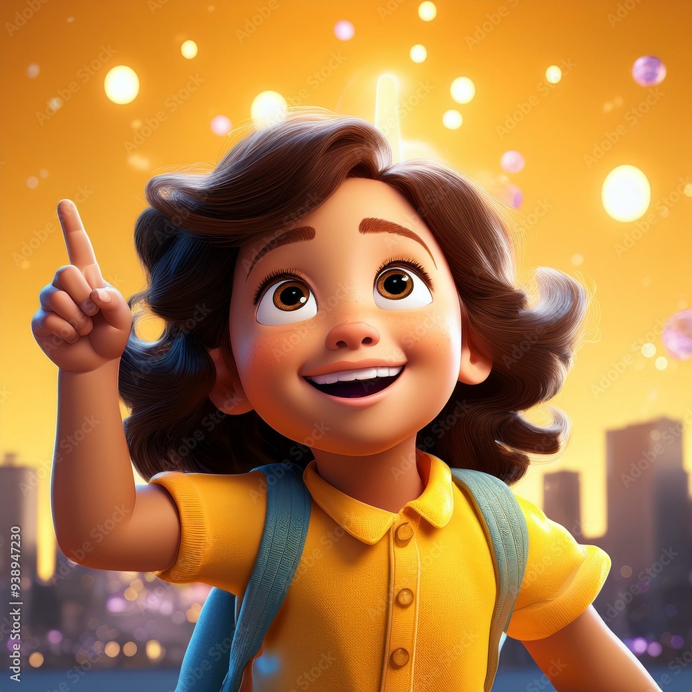 escena renderizada en 3D de una niña viendo las estrellas en el cielo ...