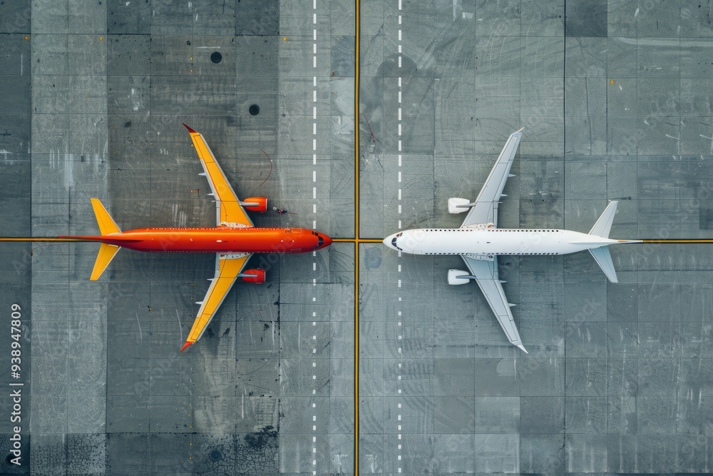 Two airplanes are parked side by side on the runway at the airport ...