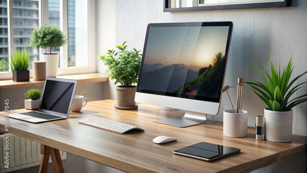 Modern workspace setup featuring a sleek desktop computer, tablet, and ...